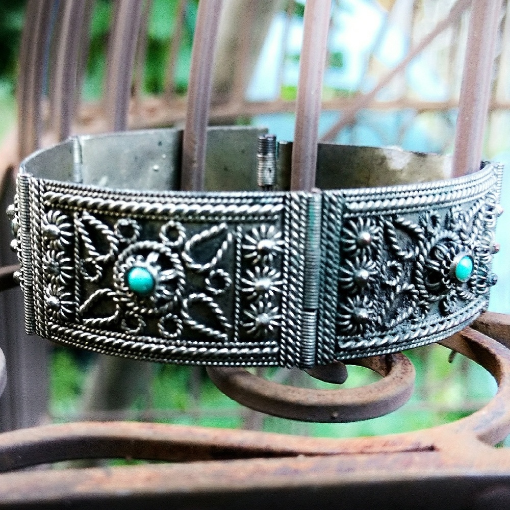 Antique Middle Eastern Silver Filigree Turquoise Brac… - Gem